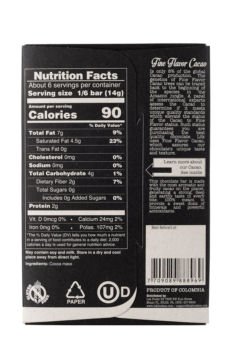 Lök Premium Dark Chocolate Bar 100% Cacao– lokfoods
